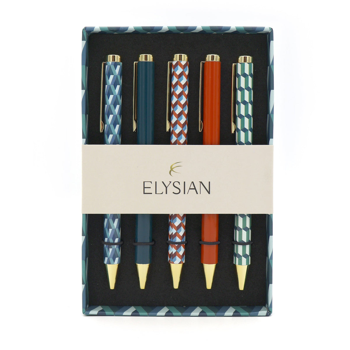 Elysian Geometric Mixed Design Ballpoint Pens in Gift Box – Set of 5 P ...
